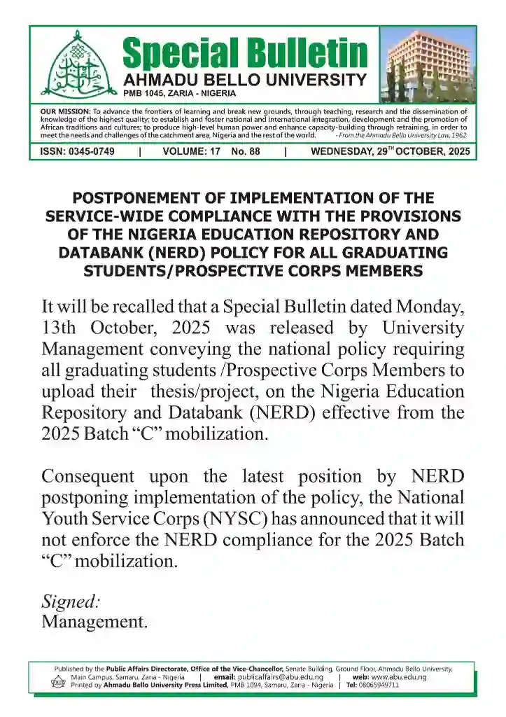 ABU confirms postponement of nerd policy for 2025 batch C NYSC